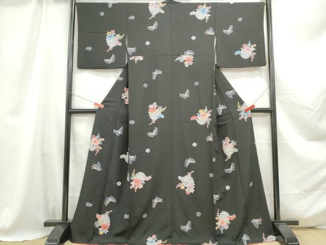 平和屋着物□上質な小紋 型染 舞蝶花丸文 黒地 正絹 逸品 DABA9416qa