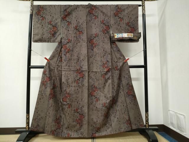 平和屋着物○本場大島紬 7マルキ 泥染め 草花文 田川絹織物謹製 証紙