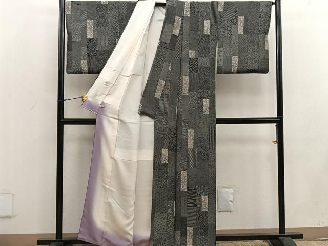 平和屋着物○伝統工芸士 染谷梅治 小紋 短冊亀甲花文 黒地 さが美扱い