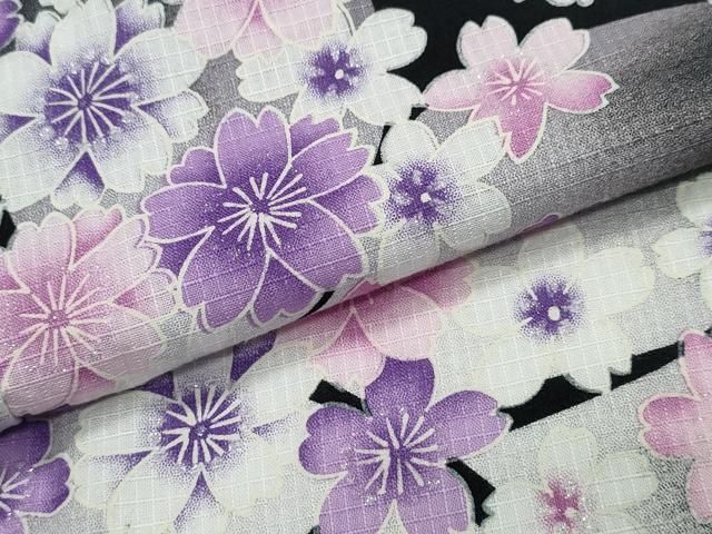 平和屋着物∴夏物 浴衣 綿紅梅 ラメ 舞桜 黒地 綿 逸品 CABB6567ng