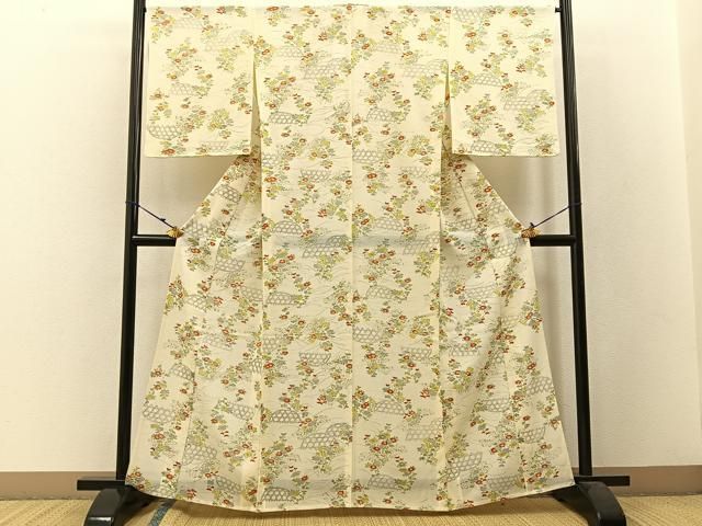 平和屋着物＊夏物 小紋 絽 手描き 籬草花文 正絹 逸品 BAAW5072hj