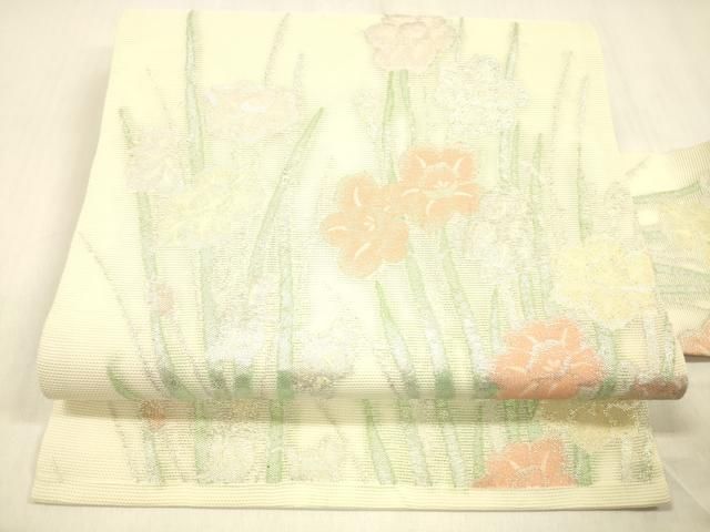 平和屋着物＊夏物 九寸名古屋帯 草花文 金銀糸 正絹 逸品 DABB3486cm