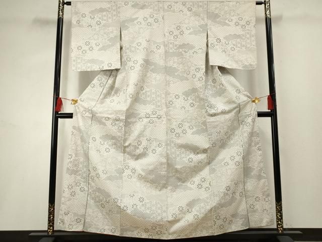 平和屋着物○本場大島紬 白大島 一元7マルキ 雲重ね吉祥花唐草文 正絹