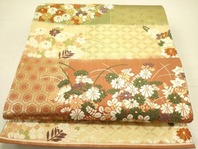 平和屋着物○六通柄袋帯 唐織 割付市松秋草文 若松華瑶謹織 金糸 正絹