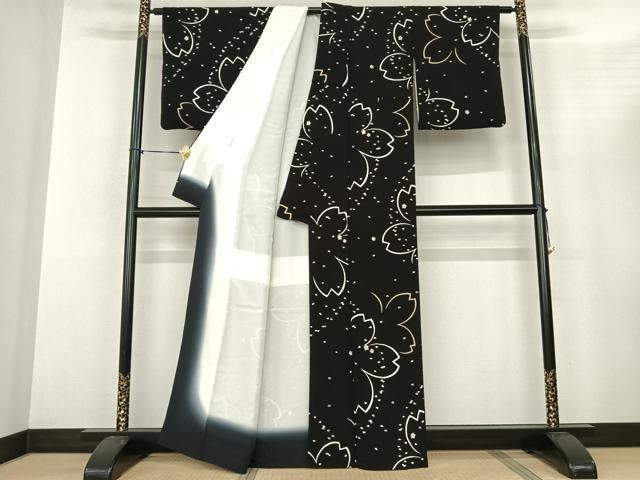 平和屋着物○上質な小紋 舞桜文 黒地 金彩 鬼しぼ縮緬 正絹 逸品