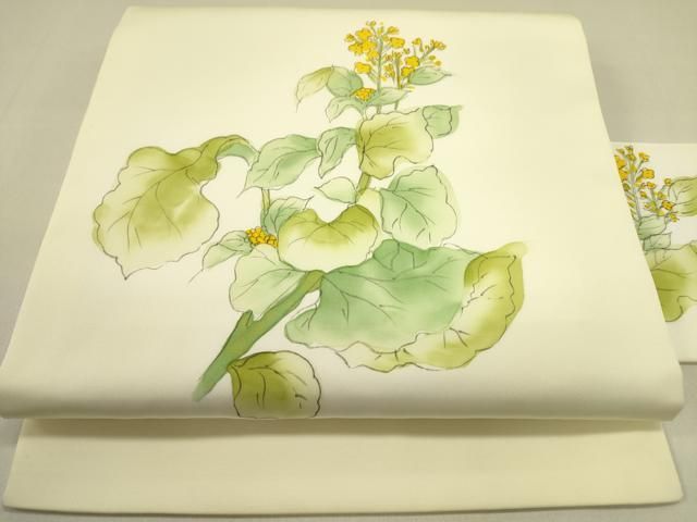 平和屋着物○塩瀬 九寸名古屋帯 手描き 草花 正絹 逸品 DABB7335op