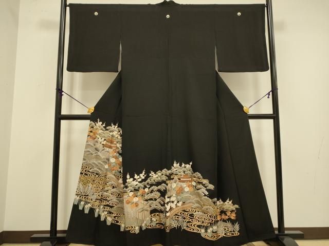 平和屋着物□豪華黒留袖 駒刺繍 渡橋風景鶴文 金彩 正絹 逸品