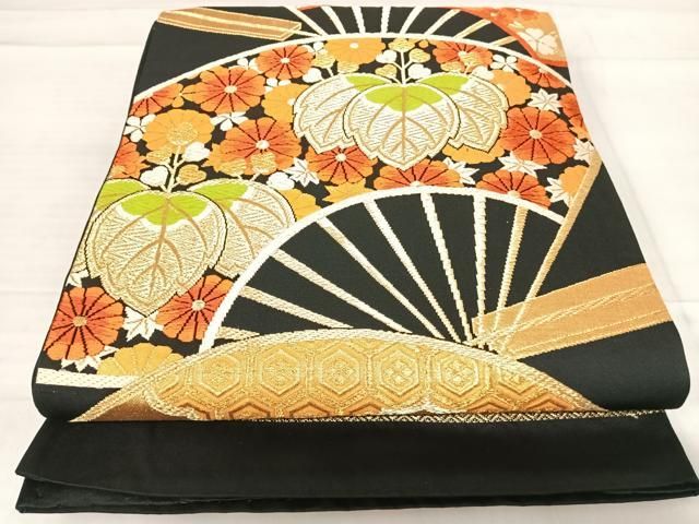 平和屋着物◎六通柄袋帯 唐織 扇面花文 黒地 金糸 正絹 逸品