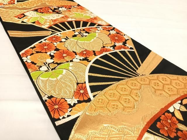 平和屋着物＊夏物　六通柄　本袋帯　唐織　桔梗　黒地　金糸　正絹　逸品　未使用　BAAV7115yc 平和屋着物◎六通柄袋帯 唐織 扇面花文 黒地 金糸 正絹 逸品