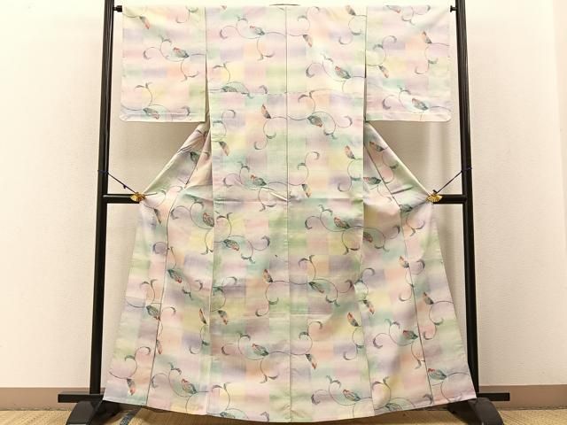 平和屋着物▽小千谷本真綿紬 単衣 草葉文 証紙付き 正絹 逸品 未使用