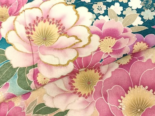 平和屋着物○豪華振袖 刺繍 草花文 暈し染め 金糸 金彩 銀通し地 正絹