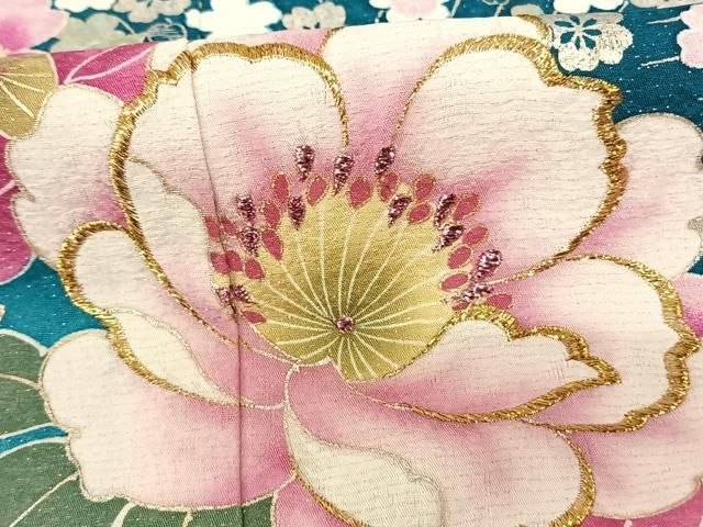 平和屋着物○豪華振袖 刺繍 草花文 暈し染め 金糸 金彩 銀通し地 正絹