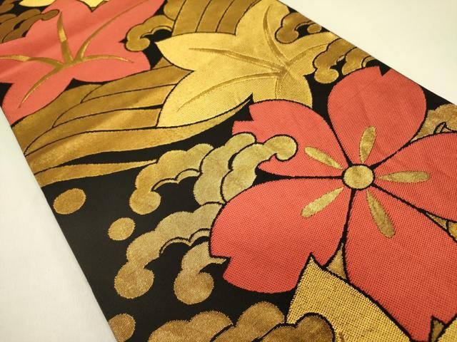 平和屋着物○織物一筋名門 織悦 全通柄 本袋帯 立波花文 黒地 金糸