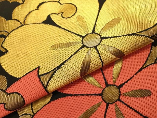 平和屋着物○織物一筋名門 織悦 全通柄 本袋帯 立波花文 黒地 金糸