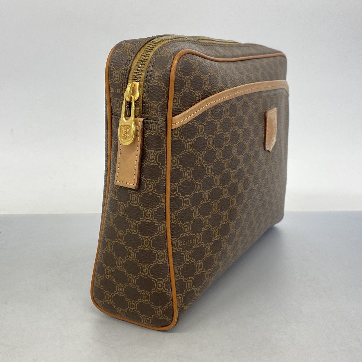 6ab0746】セリーヌ ポーチ マカダム PVC ブラウン ゴールド金具【中古