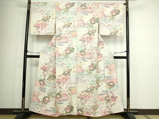 平和屋着物□上質な小紋 扇面飛鶴文 松竹梅 暈し染め 金彩 正絹 逸品