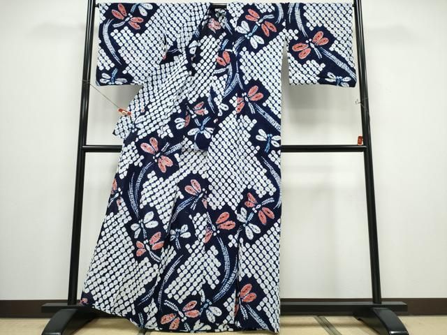 平和屋着物∴夏物 浴衣 有松鳴海絞り 蜻蛉 トンボ 流水文 綿 逸品