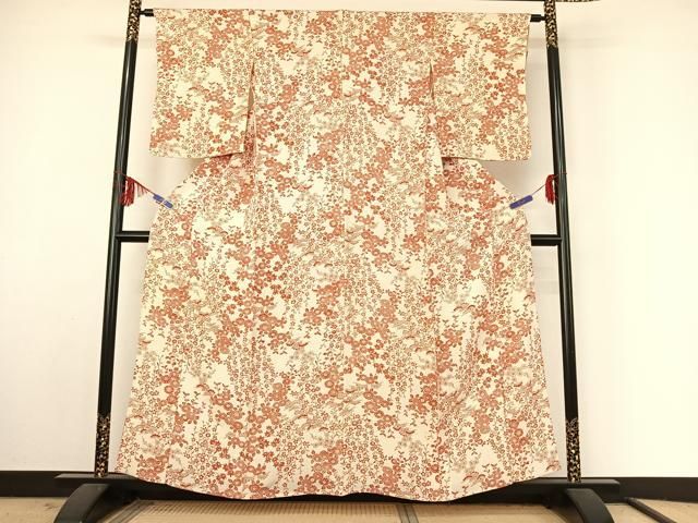 平和屋着物▽上質な小紋 単衣 型染め 草花文 正絹 逸品 AABF4345jh