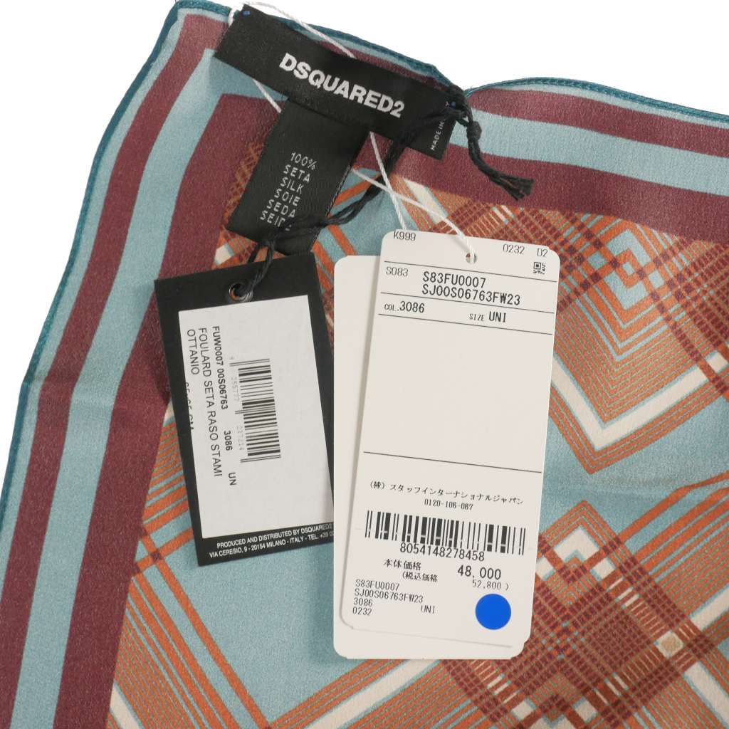 【中古】ディースクエアード DSQUARED2 23AW シルク スカーフ ストール スクエア 総柄 ブラウン系 S82FU0007 国内正規 ディースクエアード DSQUARED2 23AW チェック シルク スカーフ