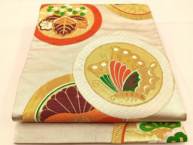 平和屋着物◎六通柄袋帯 唐織 花蝶丸文 金銀糸 正絹 逸品 BAAW0767hj