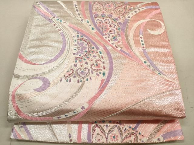 平和屋着物◎六通柄袋帯 唐織 流水花文 銀糸 正絹 逸品 DABA8007xg