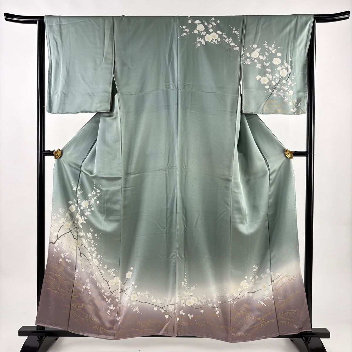 訪問着 身丈158cm 裄丈65cm M 袷 枝梅 流水 金彩 ぼかし 薄緑 正絹 秀