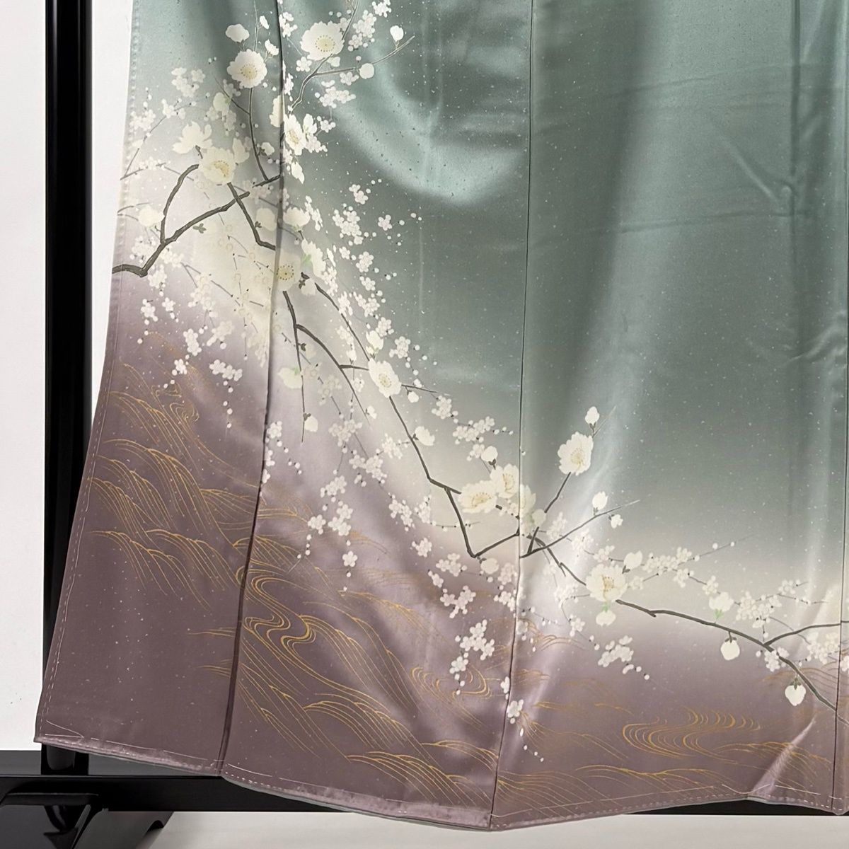 訪問着 身丈158cm 裄丈65cm M 袷 枝梅 流水 金彩 ぼかし 薄緑 正絹 秀