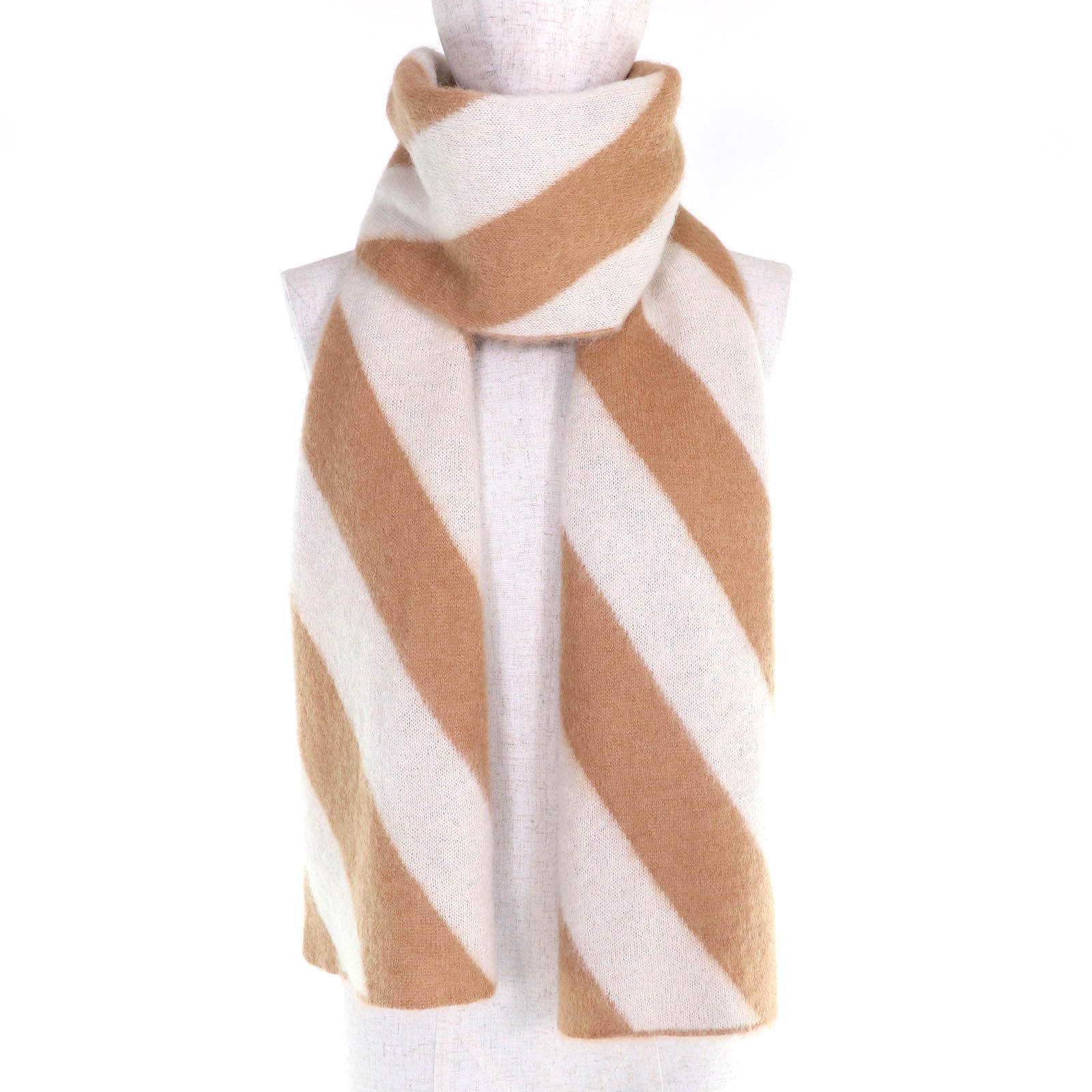 美品△FENDI フェンディ FXS124 モヘア シルク ストライプ柄 ロング マフラー キャメル ホワイト 180×30cm 保存袋付き イタリア製 正規品 美品△FENDI フェンディ FXS124 モヘア シルク ストライプ柄 ロング