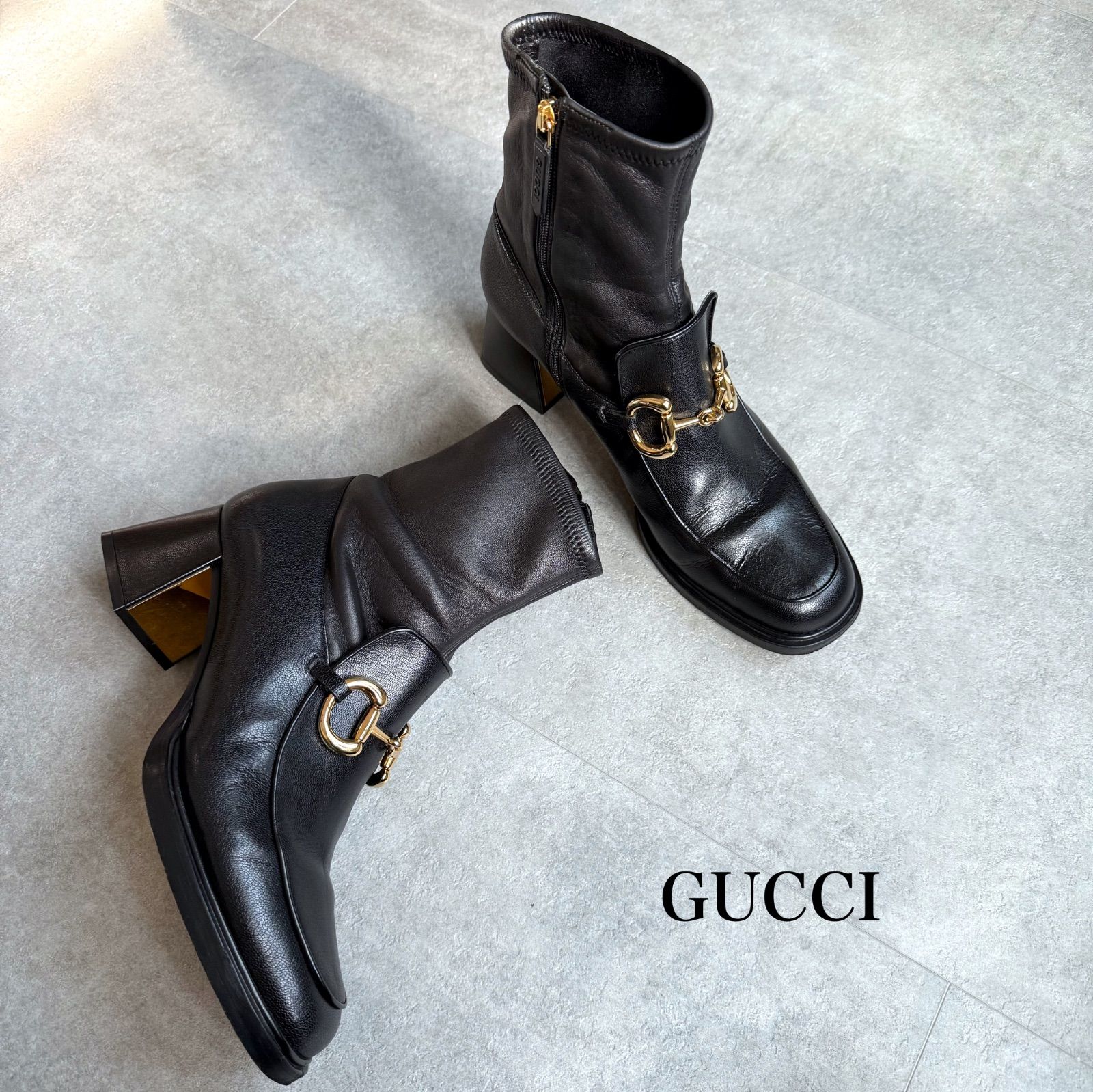 美品 GUCCI グッチ ホースビットブーツ レザー ブラック ゴールド金具