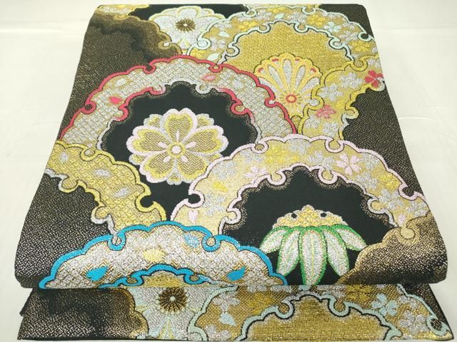 平和屋着物▽六通柄袋帯 正倉院花青海波文 黒地 金銀糸 正絹 逸品