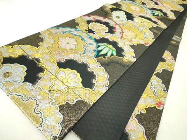平和屋着物▽六通柄袋帯 正倉院花青海波文 黒地 金銀糸 正絹 逸品
