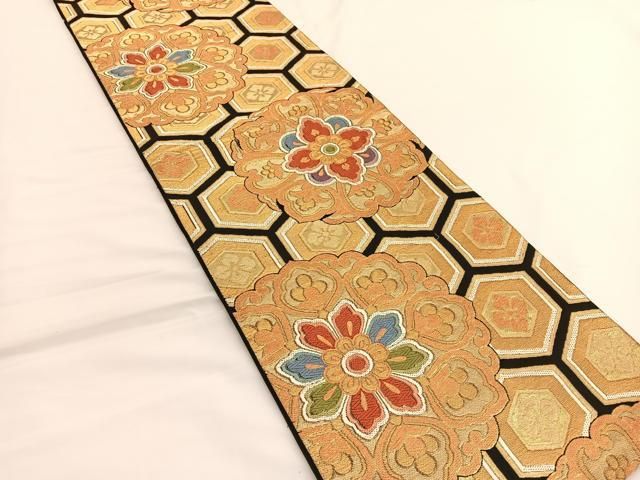 平和屋着物◎六通柄 本袋帯 唐織 宝相華亀甲花文 黒地 金糸 正絹 逸品