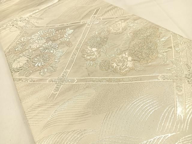 平和屋着物◎六通柄袋帯 唐織 美保姿 菱天井花文 銀糸 正絹 逸品