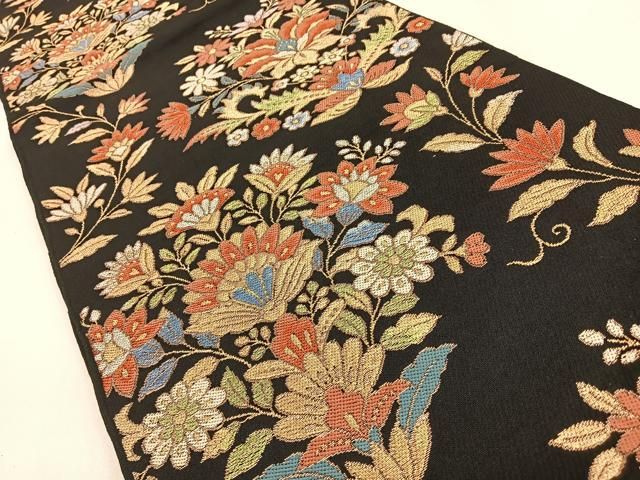 平和屋着物◎六通柄 本袋帯 更紗花文 黒地 金銀糸 正絹 逸品
