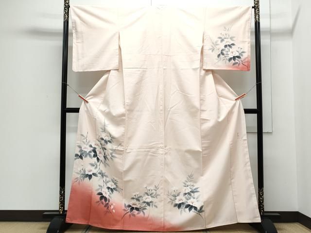 平和屋着物●訪問着　紬地　手描き　枝花文　暈し染め　正絹　逸品　AABD9957ck 平和屋着物▽訪問着 作家物 紬地 手描き 枝花文 暈し染め 正絹 逸品 未