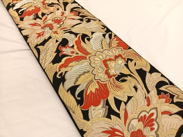 平和屋着物◎六通柄 本袋帯 唐織 更紗花文 黒地 金銀糸 正絹 逸品