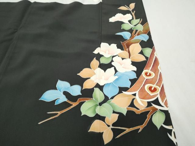 平和屋着物▽豪華黒留袖 駒刺繍 孔雀枝花文 金銀糸 正絹 逸品