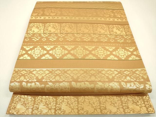 平和屋着物●全通柄袋帯　横段文　金糸　正絹　逸品　DAAZ2305op 平和屋着物▽六通柄袋帯 横段花鳥文 花兎 金糸 正絹 逸品 未使用