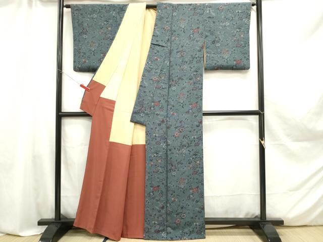 平和屋着物□上質な小紋 型染め 花鳥楽器文 鬼しぼ縮緬 正絹 逸品