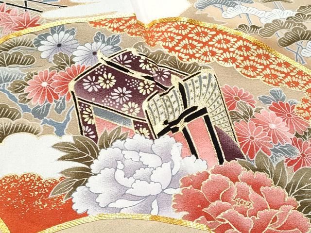 平和屋着物□豪華黒留袖 駒刺繍 地紙御所車鼓花文 金彩 正絹 逸品 未