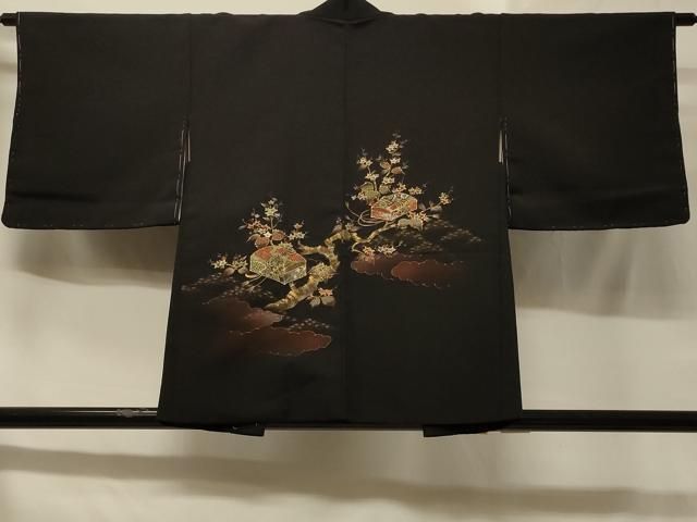 平和屋着物＃羽織 寿光織 文箱枝花文 黒地 金糸 正絹 逸品 未使用