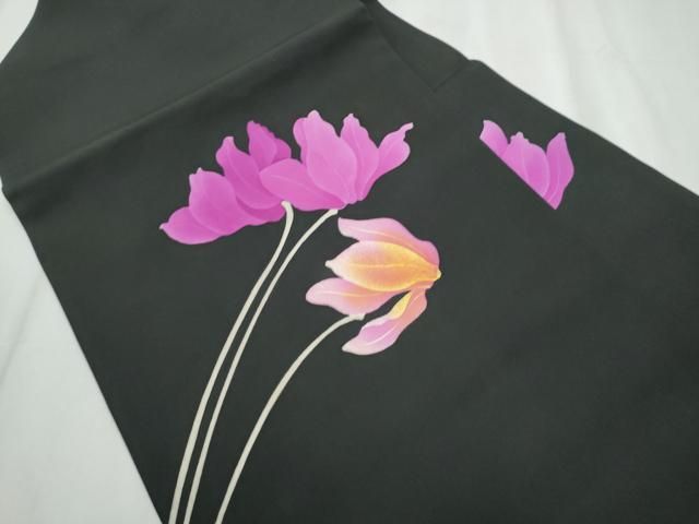 平和屋着物▽塩瀬 九寸名古屋帯 枝花文 黒地 金彩 正絹 逸品