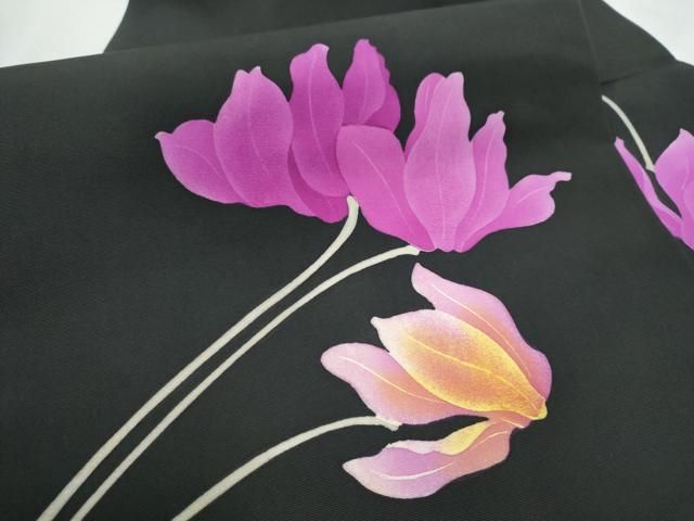 平和屋着物▽塩瀬 九寸名古屋帯 枝花文 黒地 金彩 正絹 逸品