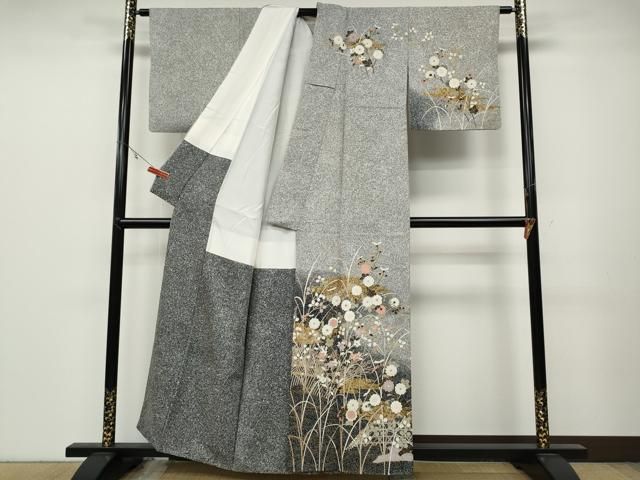 平和屋着物▽訪問着 草花文 たたき染め 黒地 金彩 正絹 逸品