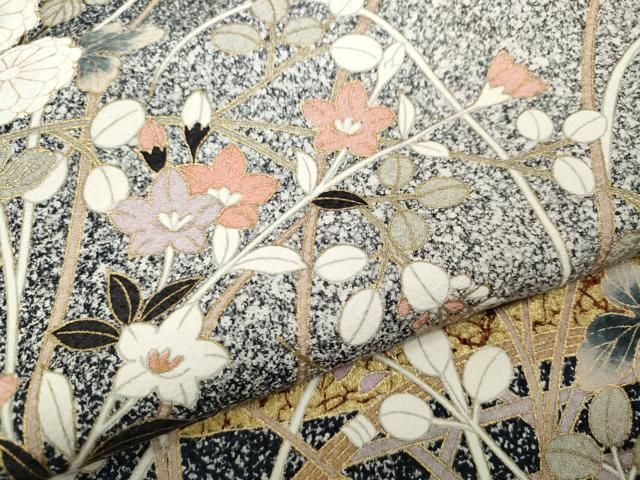 平和屋着物▽訪問着 草花文 たたき染め 黒地 金彩 正絹 逸品