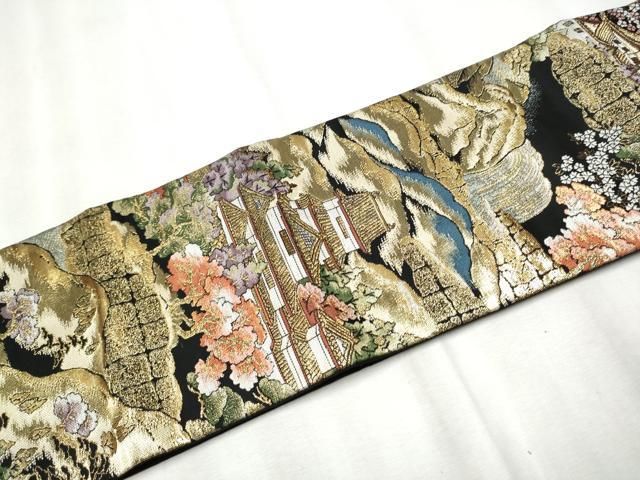 平和屋着物▽つけ帯 日本名勝百選 黒地 本金箔 正絹 逸品 CABB9466hy