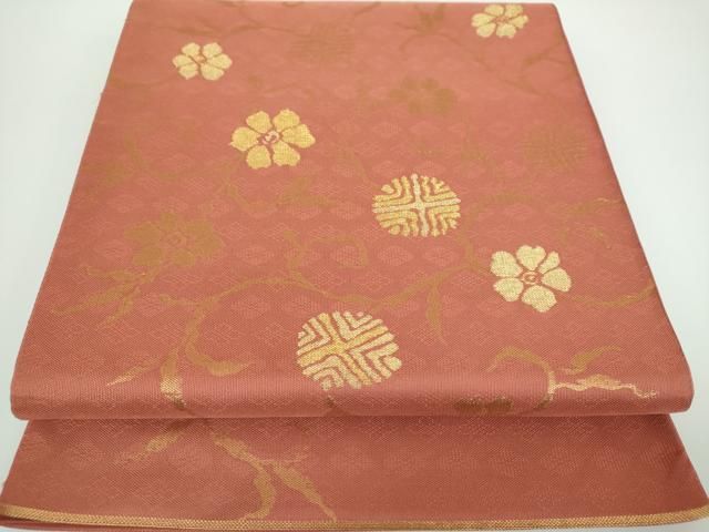 平和屋着物▽全通柄 本袋帯 名物裂花文 笹蔓緞子 金糸 正絹 逸品