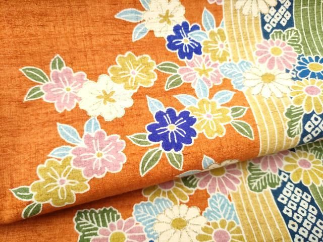 平和屋着物▽つけ帯 型染め 紬地 草花文 金彩 正絹 逸品 CABB9456hy