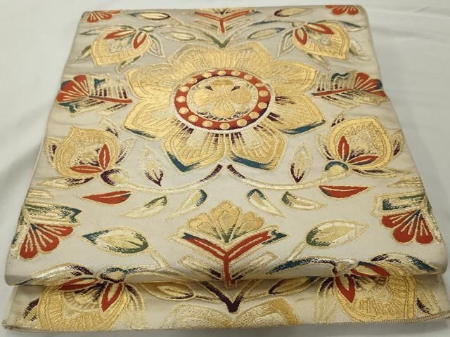 平和屋着物◎西陣 老舗 渡文謹製 手織 六通柄袋帯 吉祥花文 金銀糸