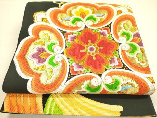 平和屋着物◎六通柄袋帯 唐織 宝相華 黒地 金糸 正絹 逸品 DABA6983op